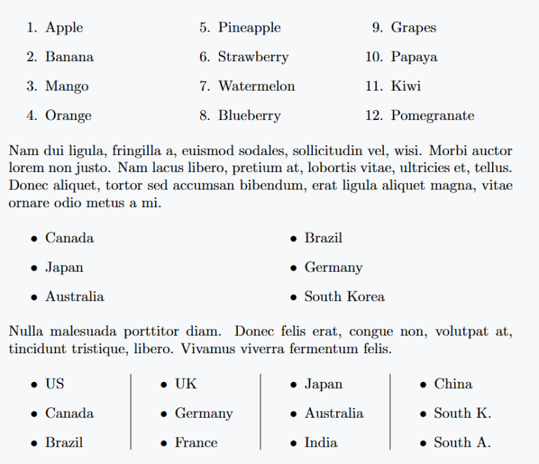 How can I create a two-column list in LaTeX?